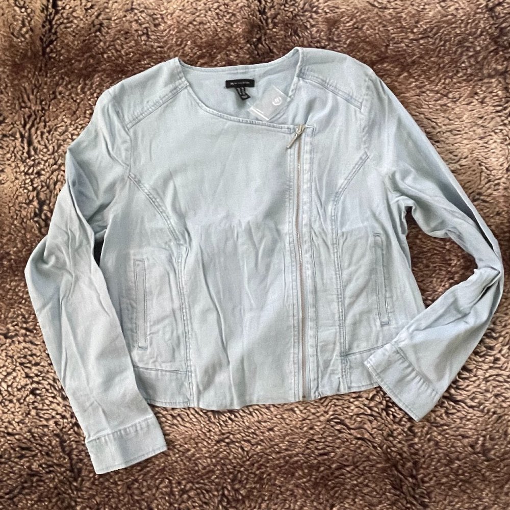 H By Halston Denim Motorcycle Jacket Blue A288622 Zip… - Gem